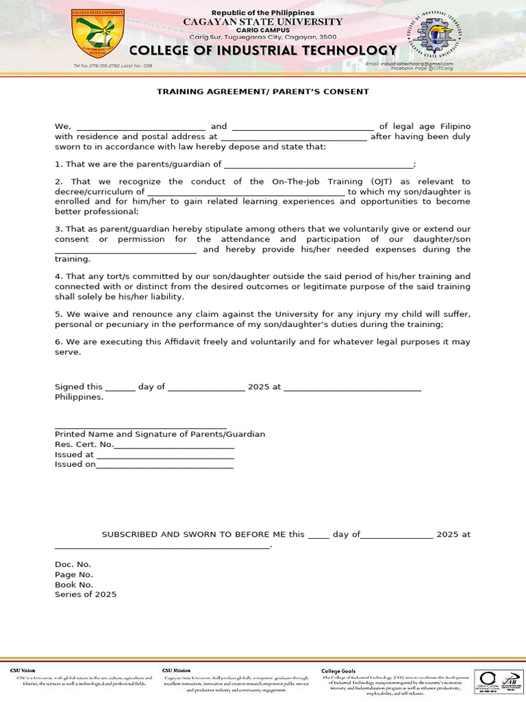 Training Agreement Parents Consent 2025 | PDF