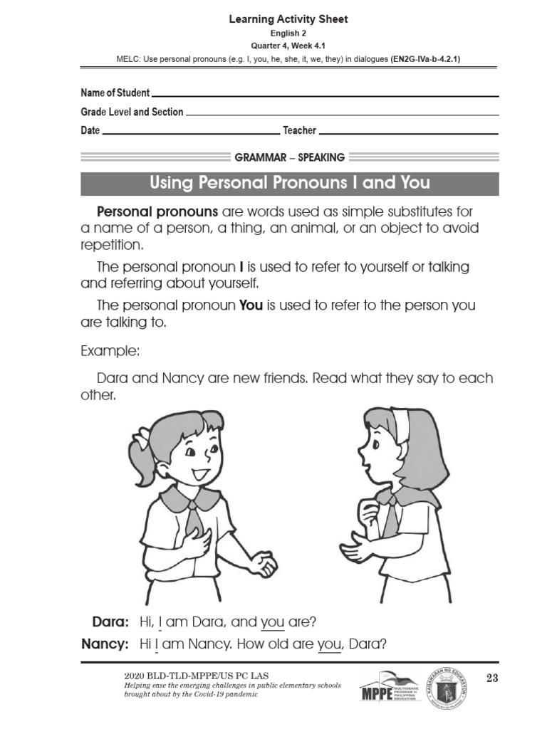 Personal Pronouns Activity Sheet | PDF
