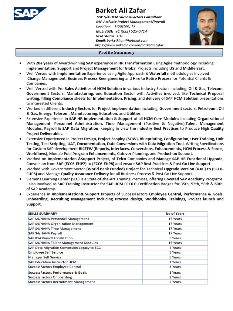 Barket Ali Zafar - SAP HCM-SF Solutions Architect - (US - TX) | PDF ...