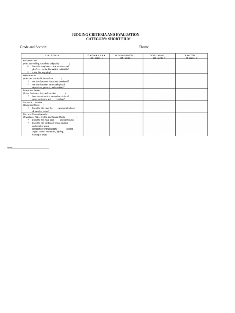 Short Film Evaluation Criteria | PDF