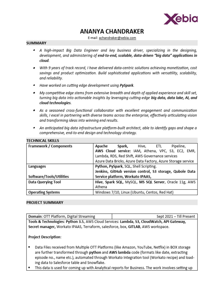 Resume Ananya Chandraker Xebia Principal Consultant Data AI 1-2 | PDF | Apache Hadoop | Apache Spark