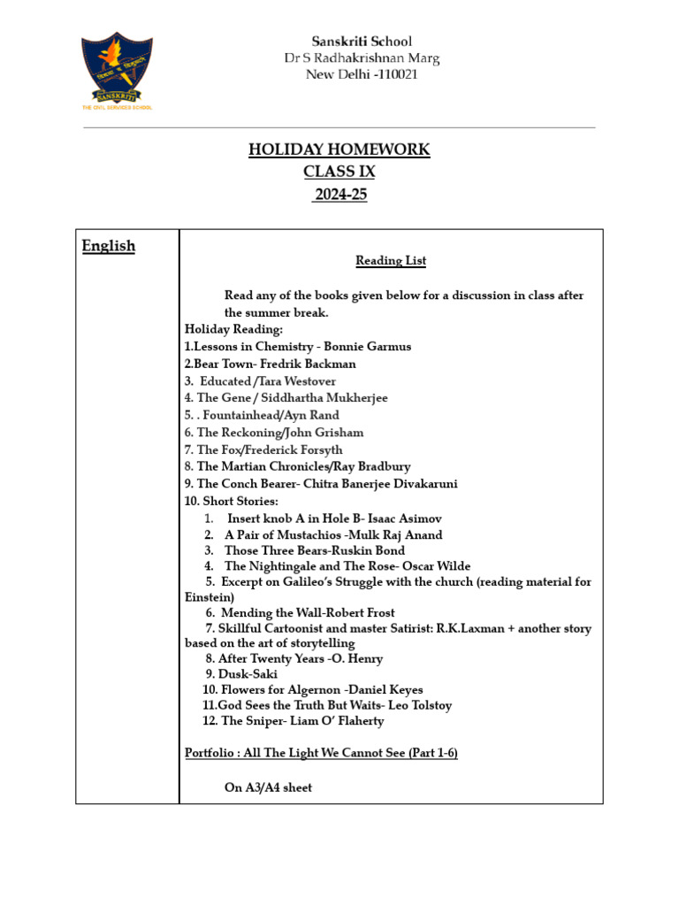 Grade IX Holiday Homework 2024-25 | PDF | Liquids | Diffusion