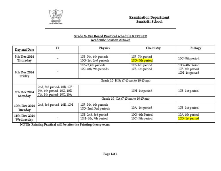 Grade X Pre-Board Practical Schedule | PDF