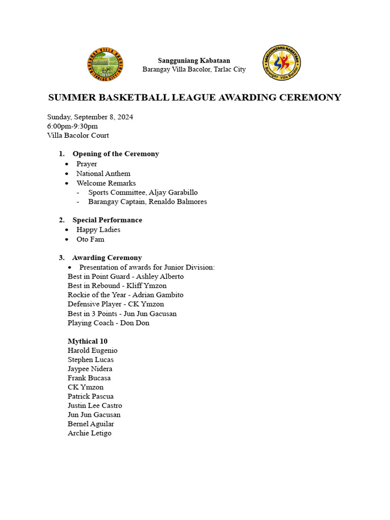 Summer Basketball League Awards 2024 | PDF