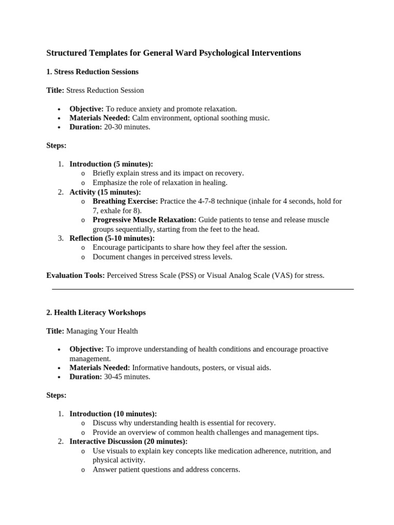 Structured Templates For General Ward Psychological Interventions | PDF ...