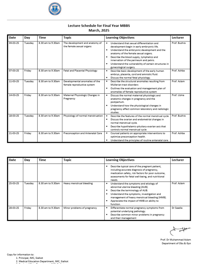 Lecture Schedule-Final Year-March 2025-IMC-1 | PDF | Pregnancy | Obstetrics