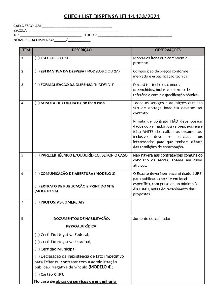 Check List DISPENSA COMUM LEI 14.133 | PDF