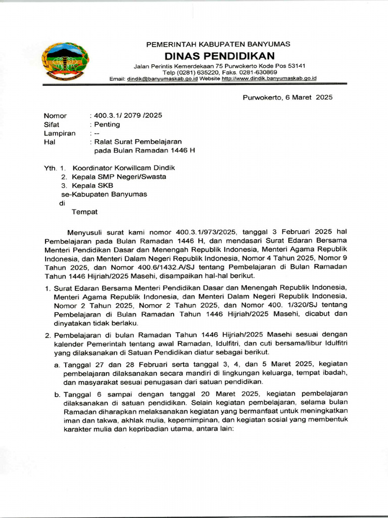 Ralat Surat Pembelajaran Pada Bulan Ramadan 1446 H | PDF