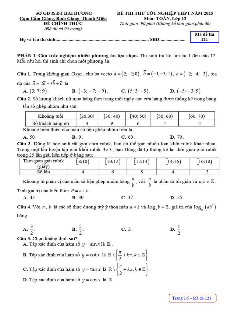 De Thi Thu TN 2025 Mon Toan Cum Cam Giang Binh Giang Thanh Mien Hai Duong | PDF