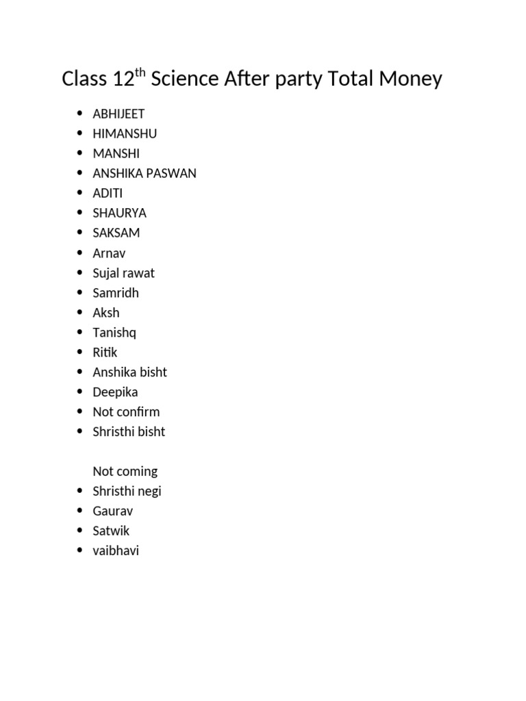 Class 12th Science After Party Total Money | PDF