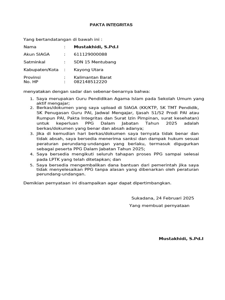 Pakta Integritas PPG Pai 2025 | PDF