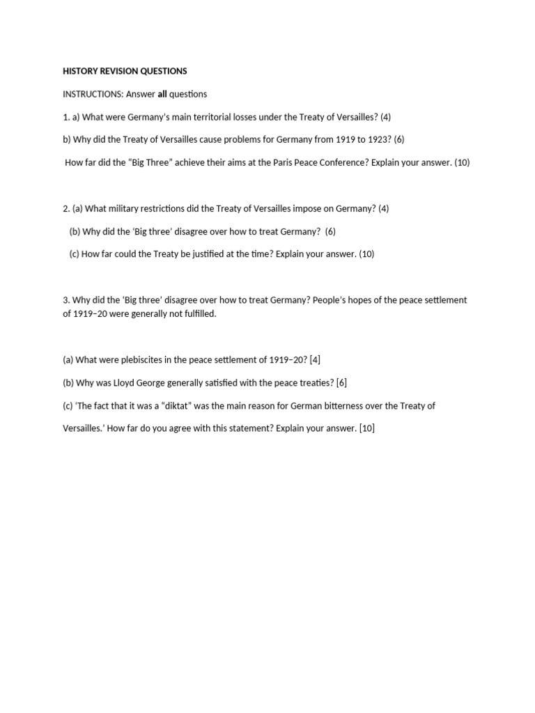 Peace Treaties Revision Questions | PDF