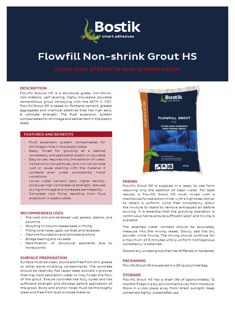 BOSTIK Flowfill NonShrinkGroutHS Rev2 | PDF | Concrete | Cement