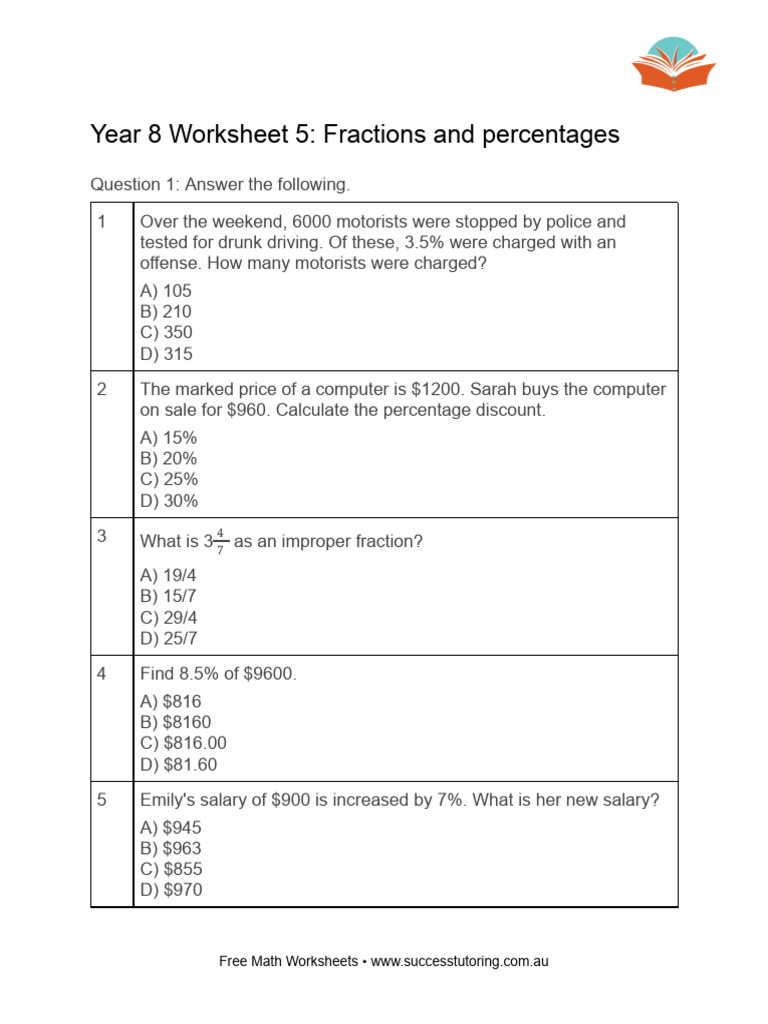 Year 8 Worksheet 5 Fractions and Percentages | PDF | Sales | Percentage