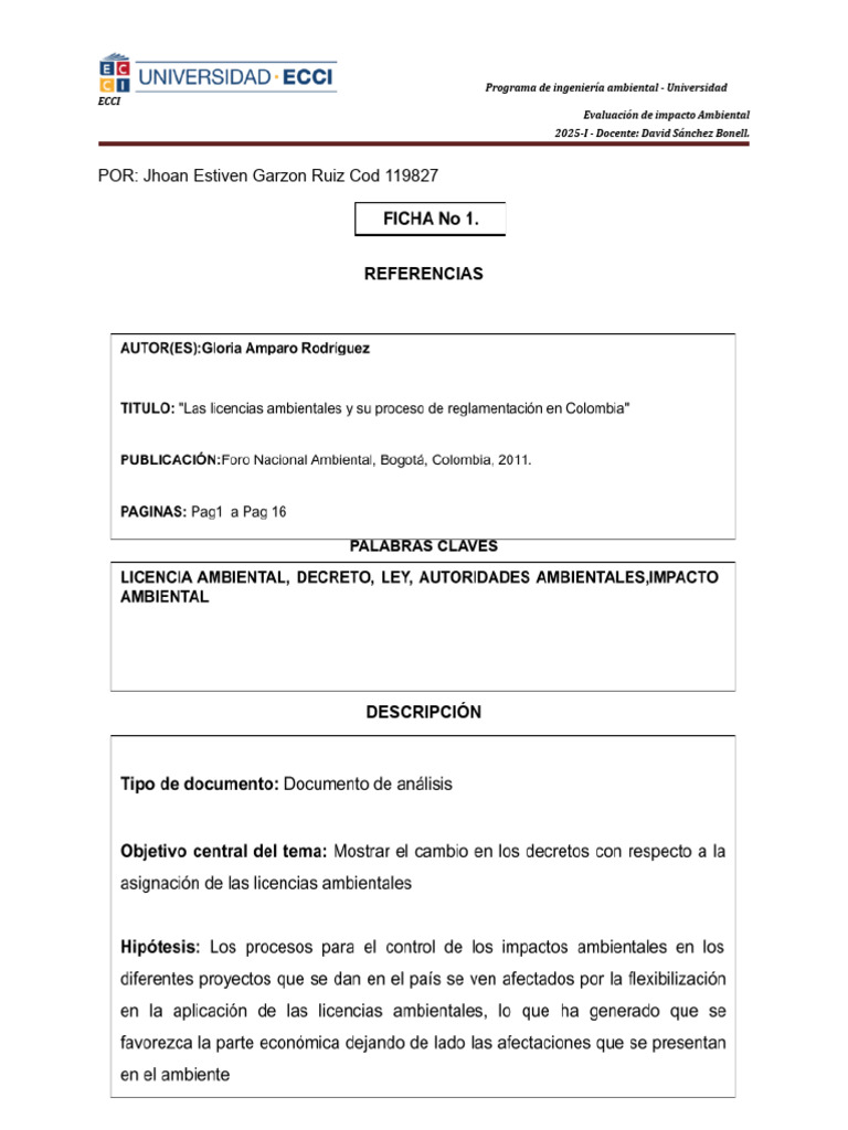 Formato Ficha Lecturas EIA ECCI | PDF | Evaluación de impacto ambiental | Entorno natural