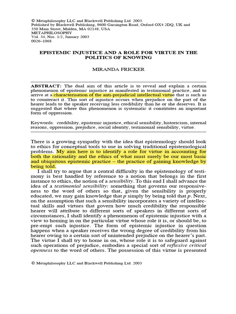 Fricker - Epistemic Injustice | PDF | Epistemology | Knowledge