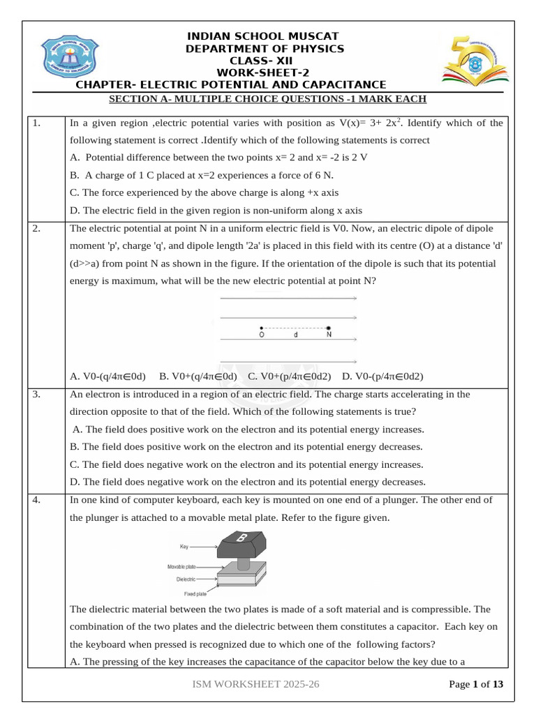 Electric Potential Worksheet for Class XII | PDF | Capacitor | Capacitance