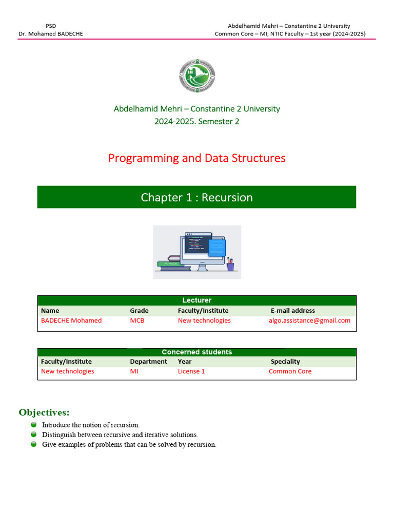 Summary Course PSD Ch1 2025 Cne2 | PDF | Recursion | Algorithms And Data Structures