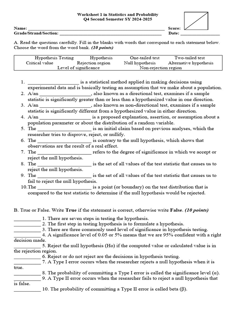 Statistics and Probability Worksheet 1 | PDF | Hypothesis | Type I And ...
