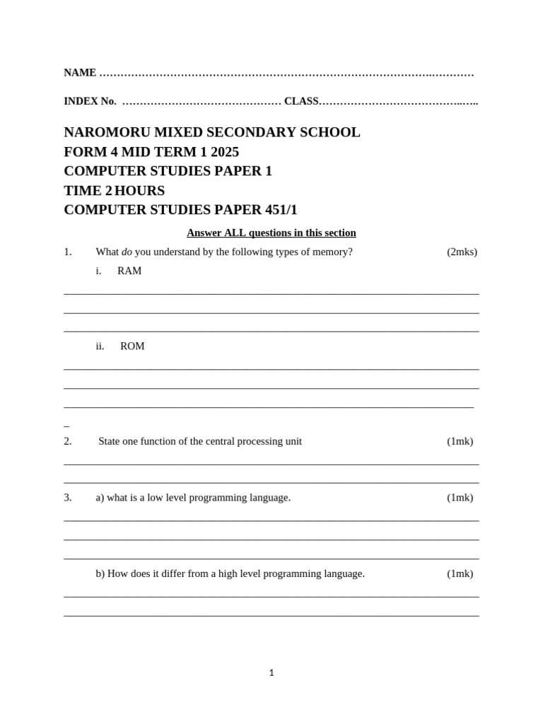2025 Mid Term 1 Comp F4 | PDF | Spreadsheet | Input/Output