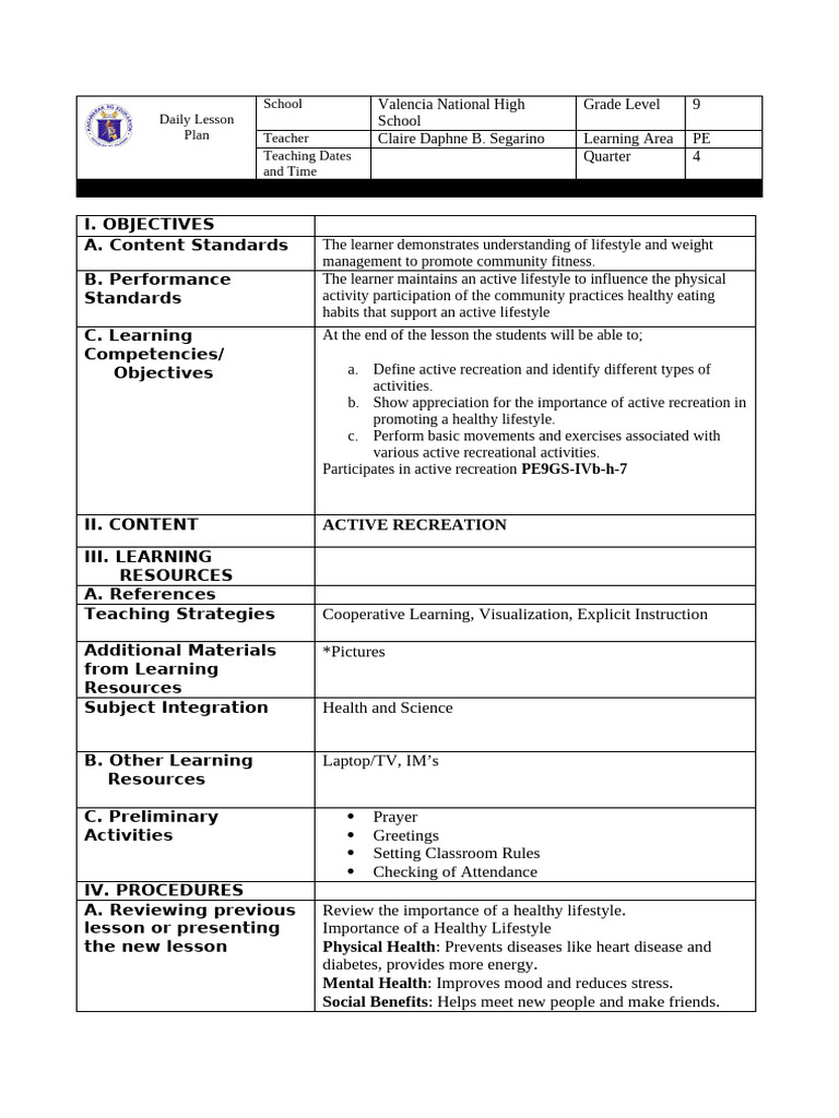 Active Recreation Lesson Plan for PE9 | PDF | Learning | Physical Education