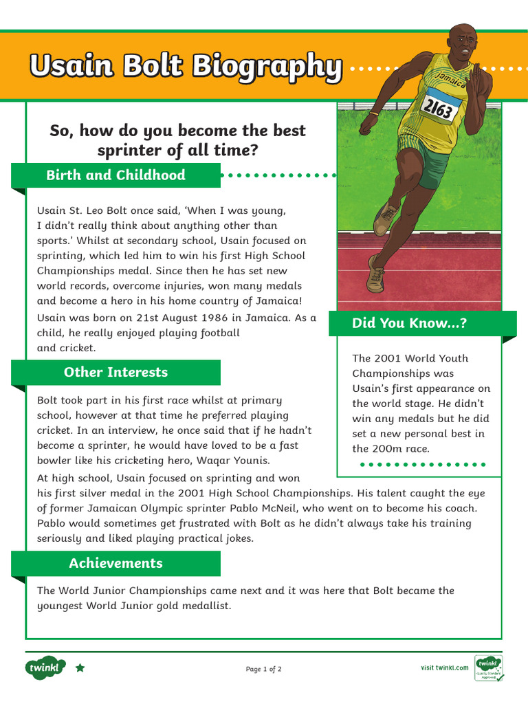 UKS2 Usain Bolt Biography Differentiated Reading Comprehension Activity ...