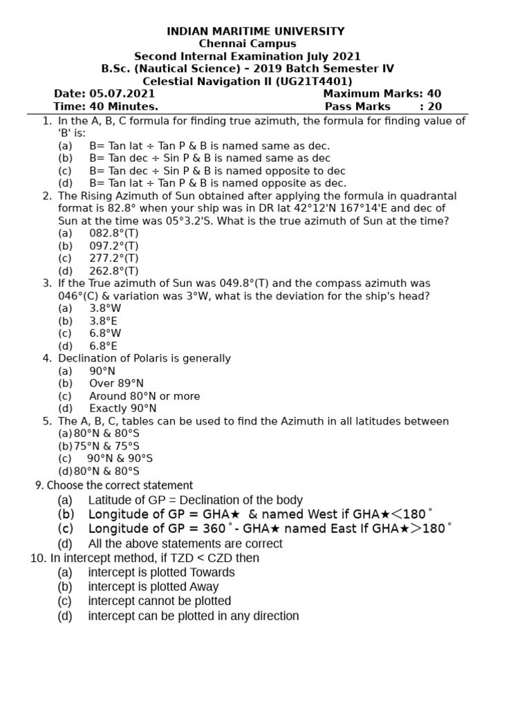 CEL NAV - 2nd Internal QP For BSC 4th SEM | PDF | Latitude | Astronomy