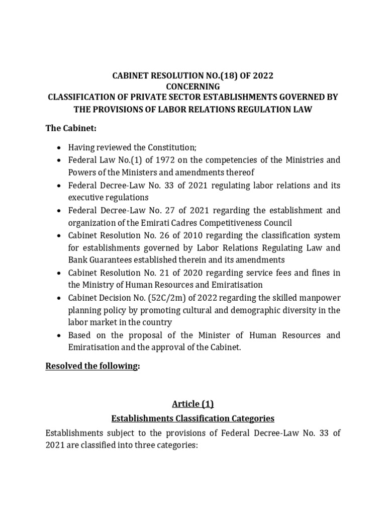 Cabinet Resolution No 18 of 2022 Concerning Classification of Private Sector Establishments ...