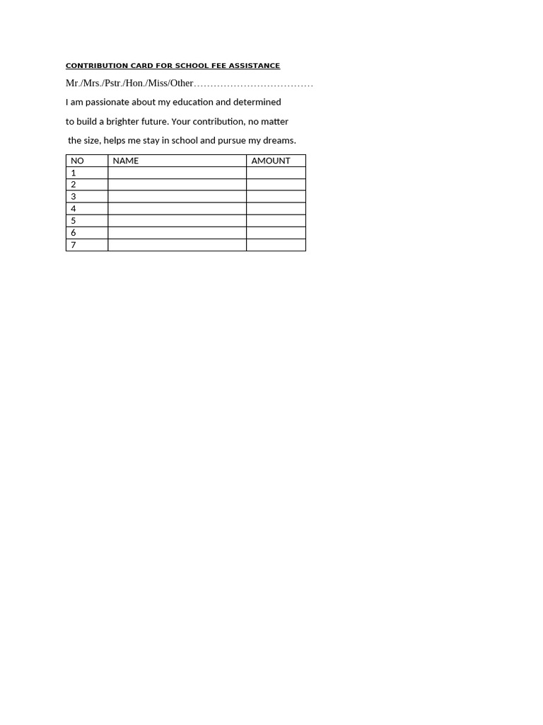 School Fee Assistance Contribution Card | PDF