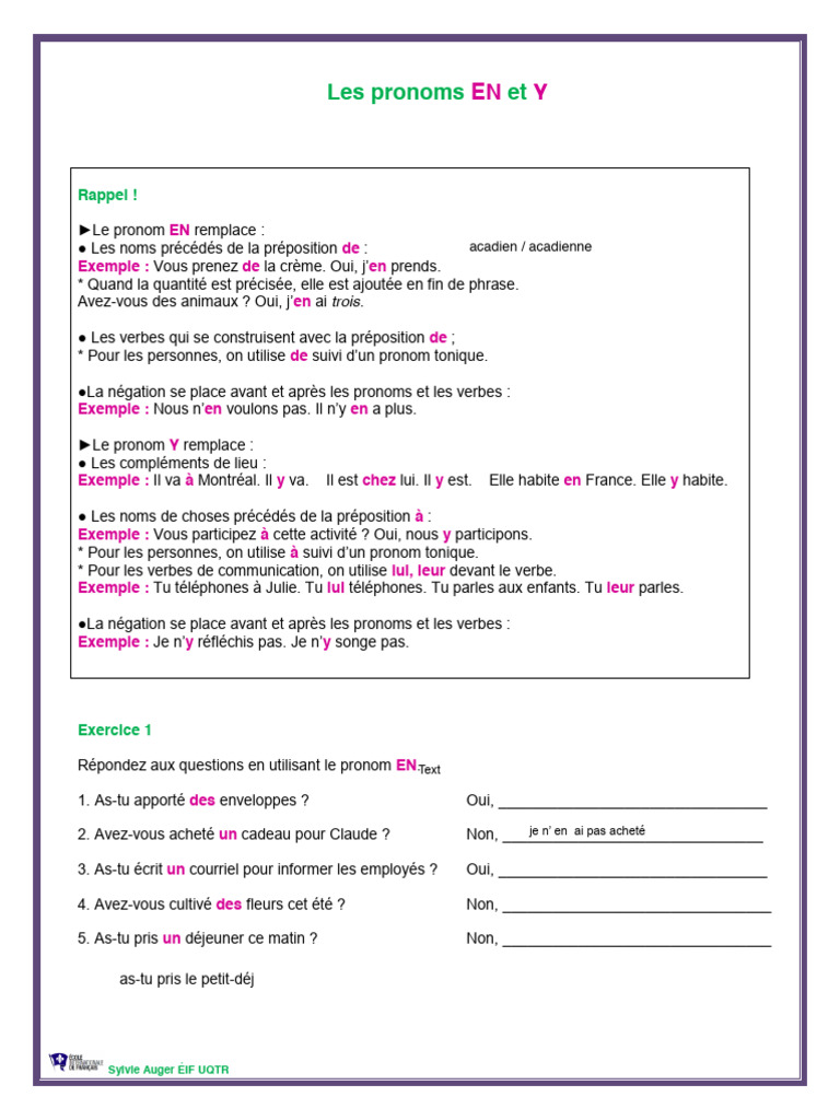 Les pronoms complements EN et Y Exercices et corrige(1) | PDF | Pronom ...