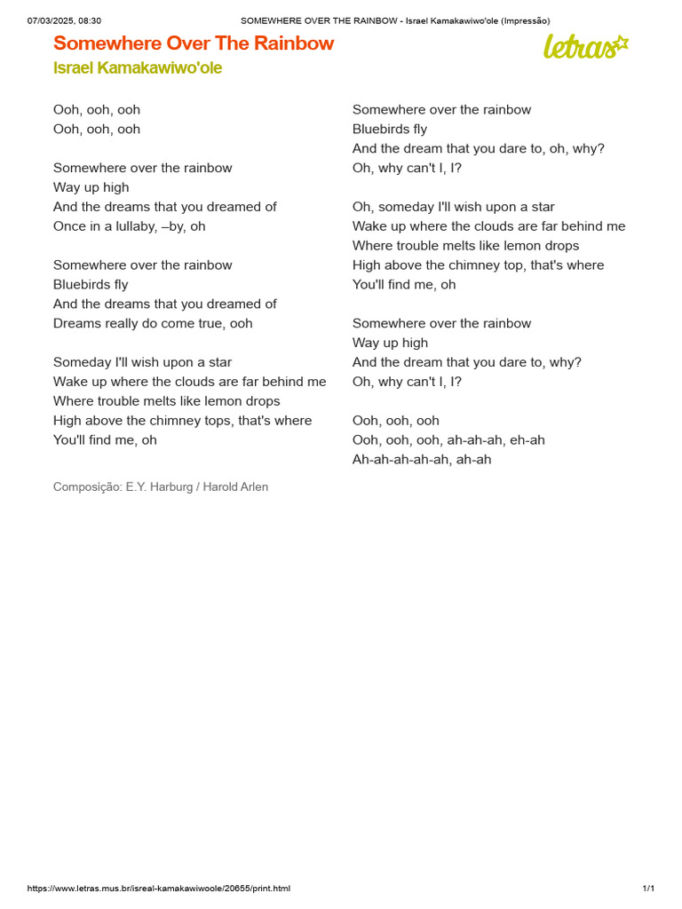 SOMEWHERE OVER THE RAINBOW - Israel Kamakawiwo'ole (Impressão) | PDF