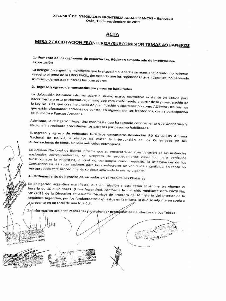 Acta Comite Integracion Fronteriza IX AGUAS BLANCAS-BERMEJO (2011.09.19 ORAN) | PDF