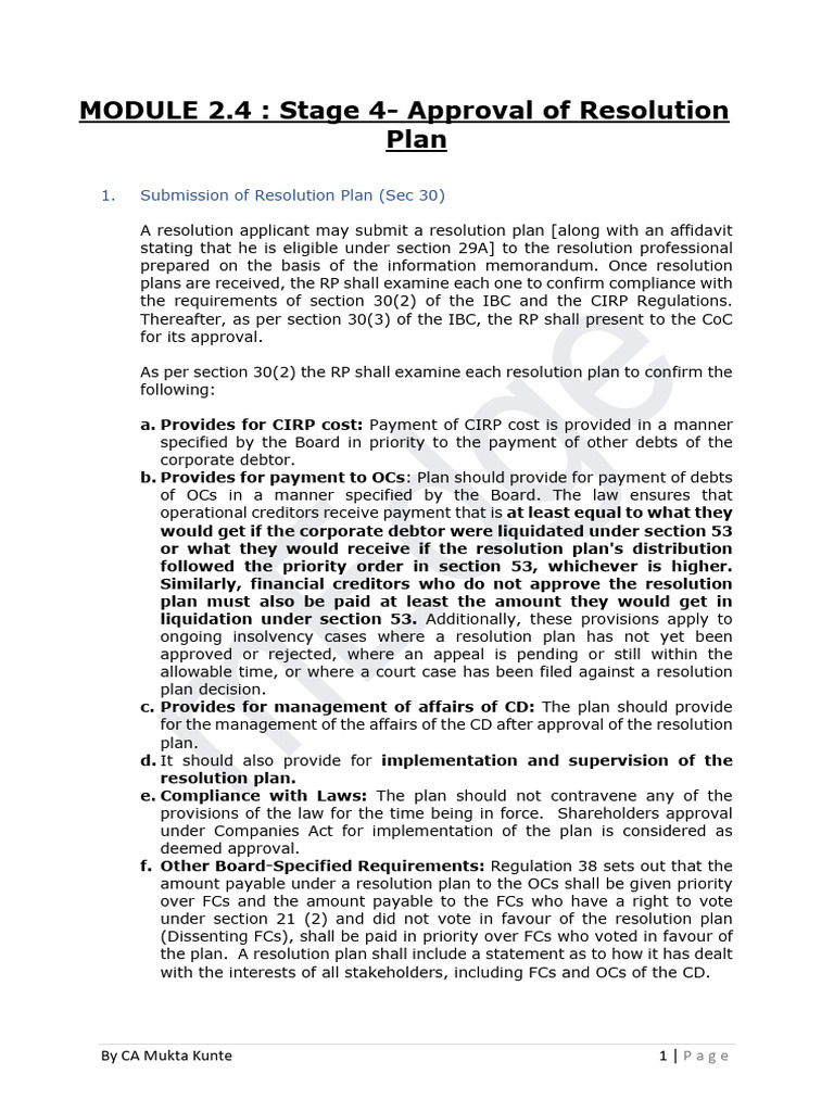 M 2.4 - Approval or Rejection of Resolution Plan and Fast Track CIRP ...