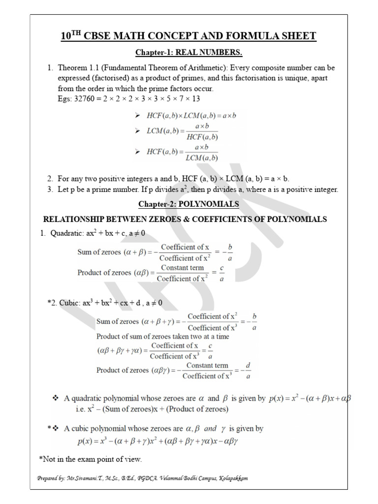 10th CBSE Math Concepts & Formulas Guide | PDF | Circle | Polynomial