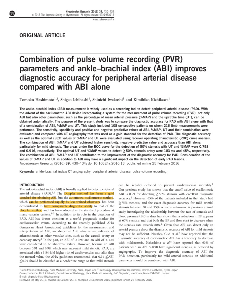 ABI Ankle Brachial Index and DVI | PDF | Sensitivity And Specificity ...