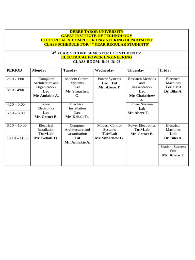 4th Year Class Schedule | PDF | Electricity | Computing