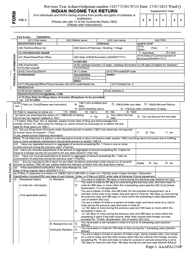 ITR-3 Income Tax Return Form 2024 | PDF | Taxes | Payments