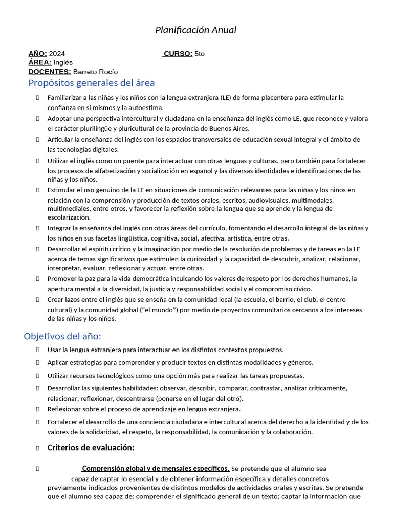 planificacion 5to | PDF | Enseñando | Segundo lenguaje