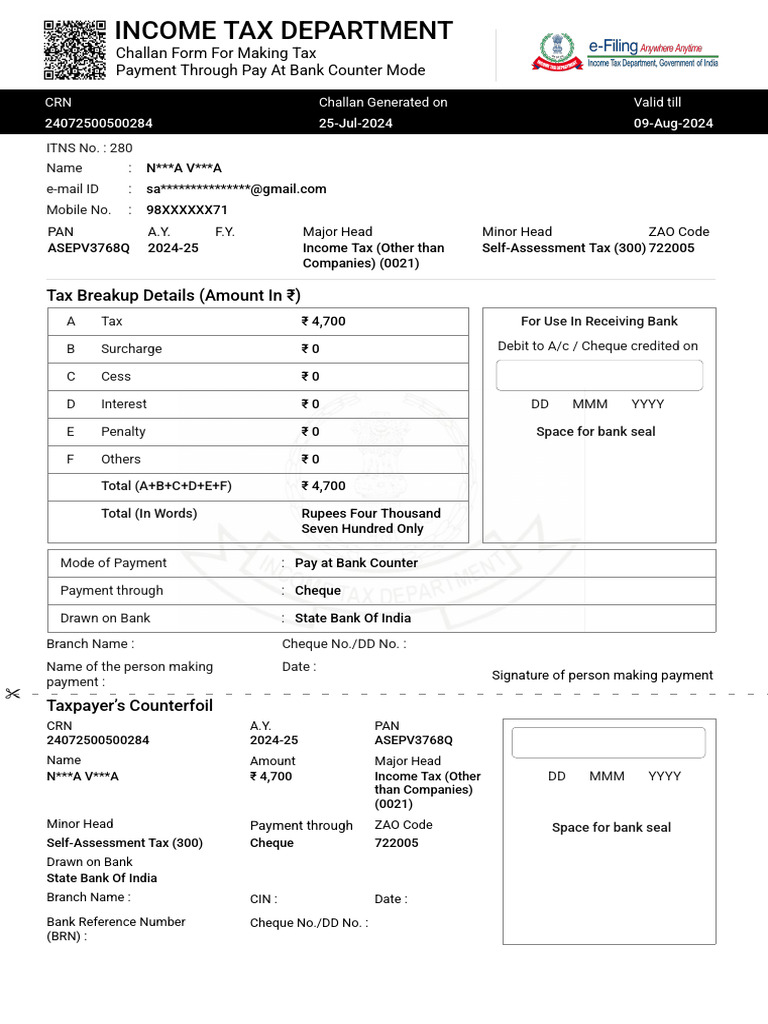 challan ITR Sample | PDF | Cheque | Payments