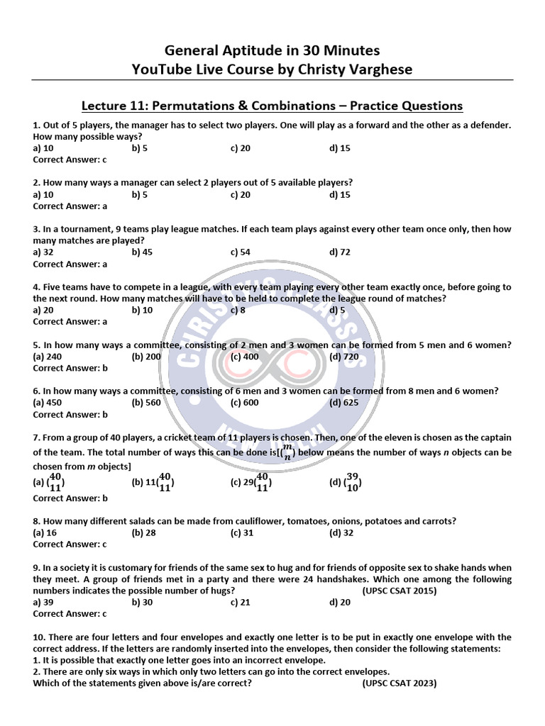 11 Permutations & Combinations - Practice Questions | PDF