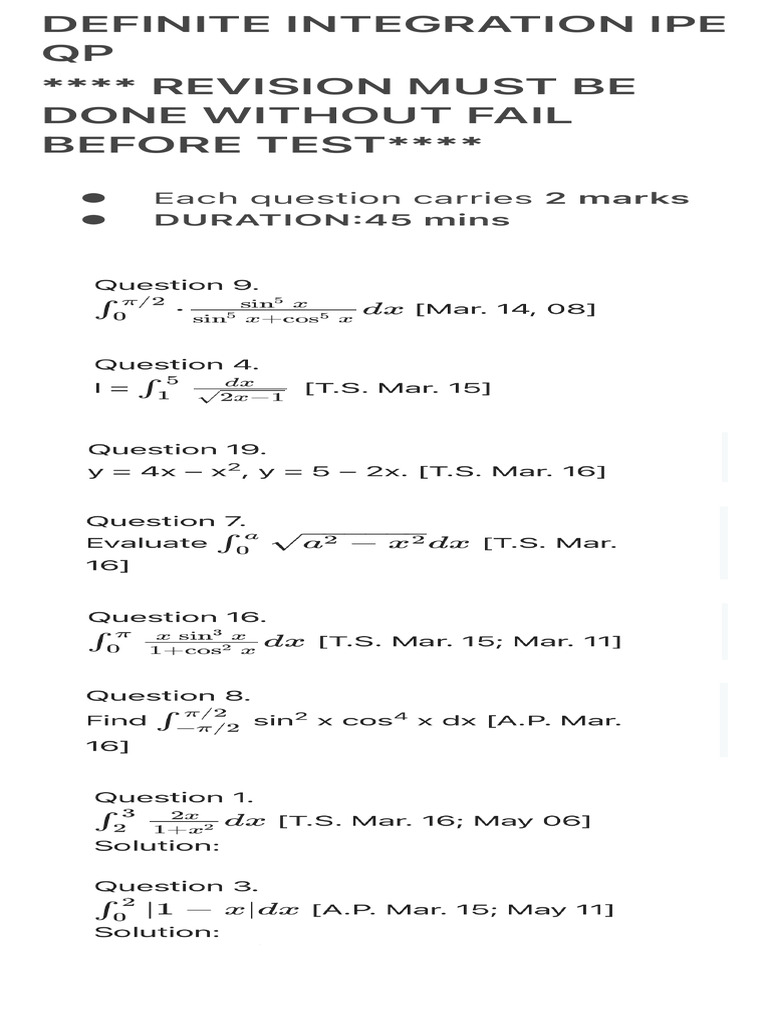 Definite Integration Ipe QP | PDF