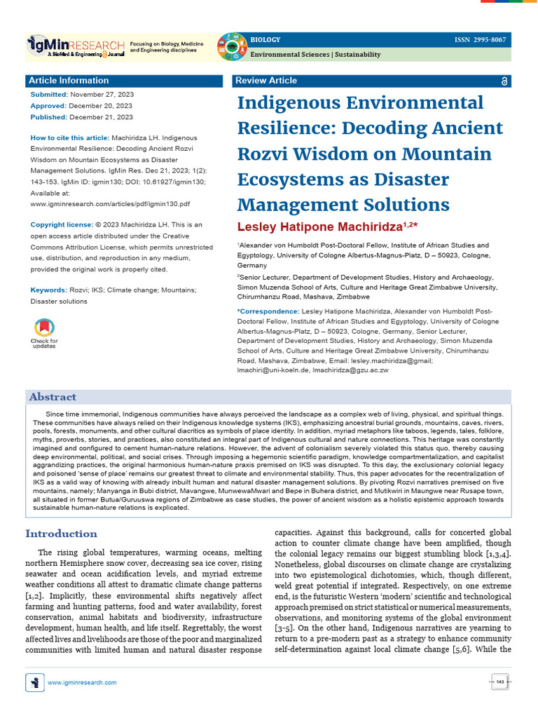 Indigenous Environmental Resilience: Decoding Ancient Rozvi Wisdom on Mountain Ecosystems as ...