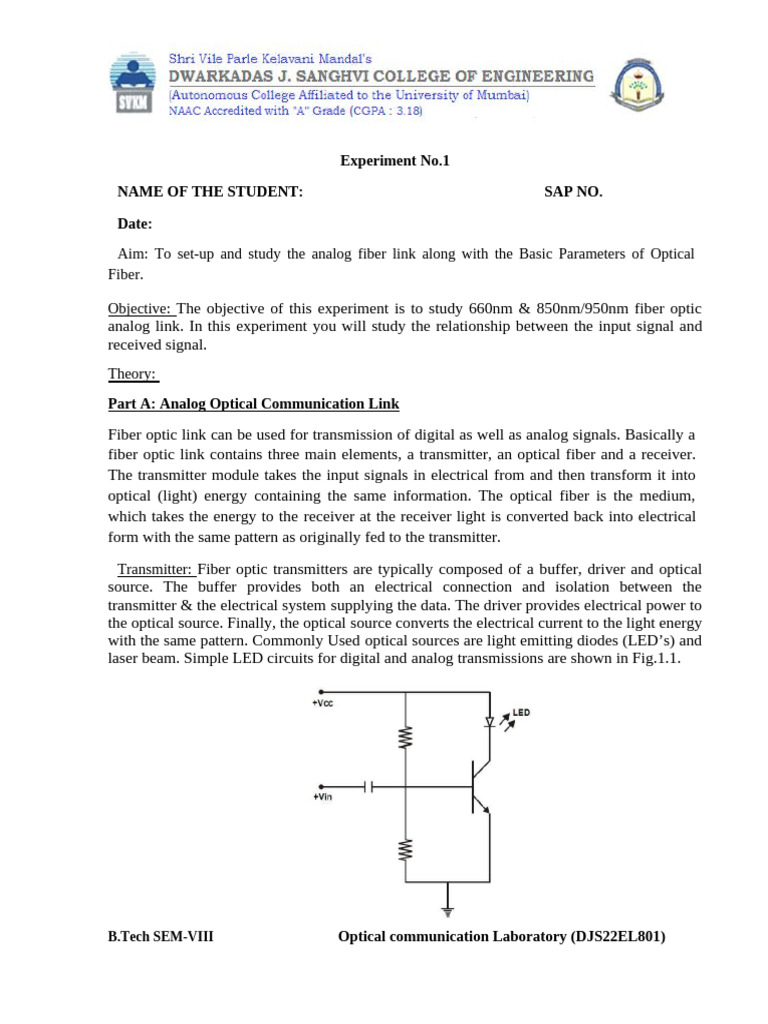 Exp. - 1 Analog Link and Optical Fibre | PDF | Optical Fiber | Optics
