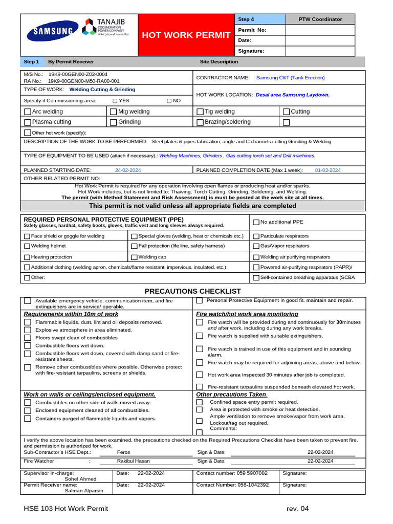 HSE 103 - Hot Work Permit rev. 03 | PDF