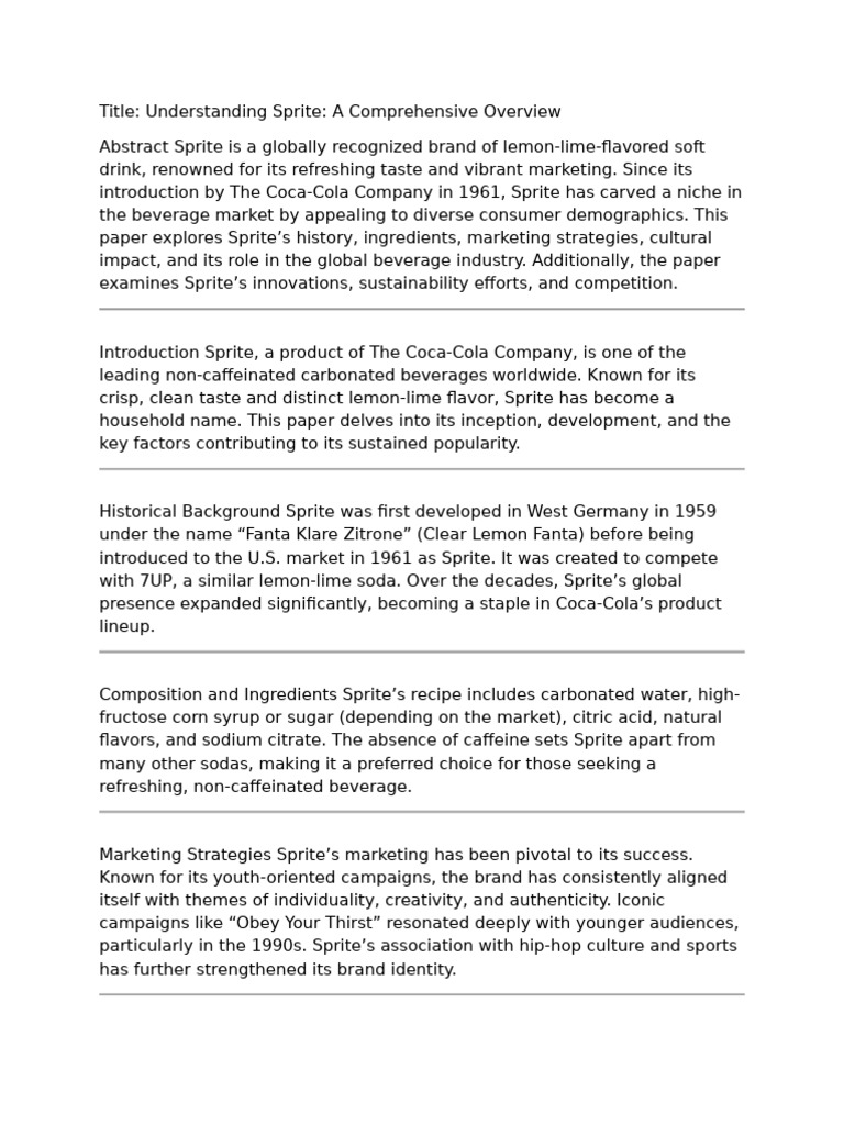 Understanding Sprite | PDF | The Coca Cola Company | Soft Drink