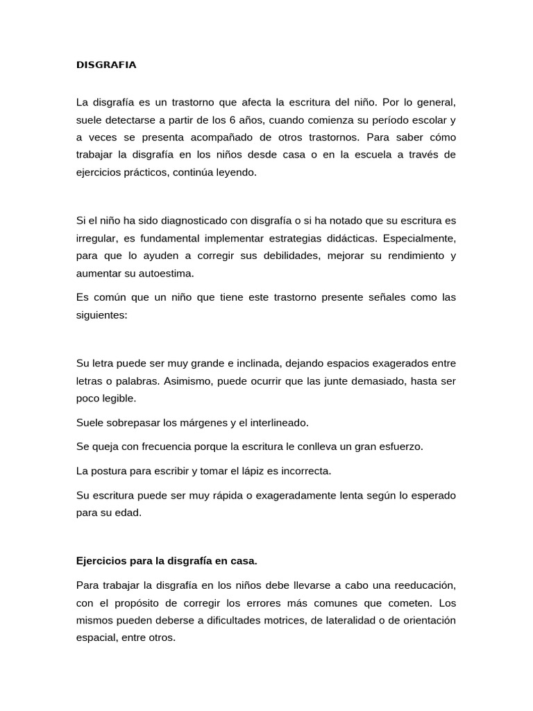 Ejercicios para mejorar la disgrafía infantil | PDF