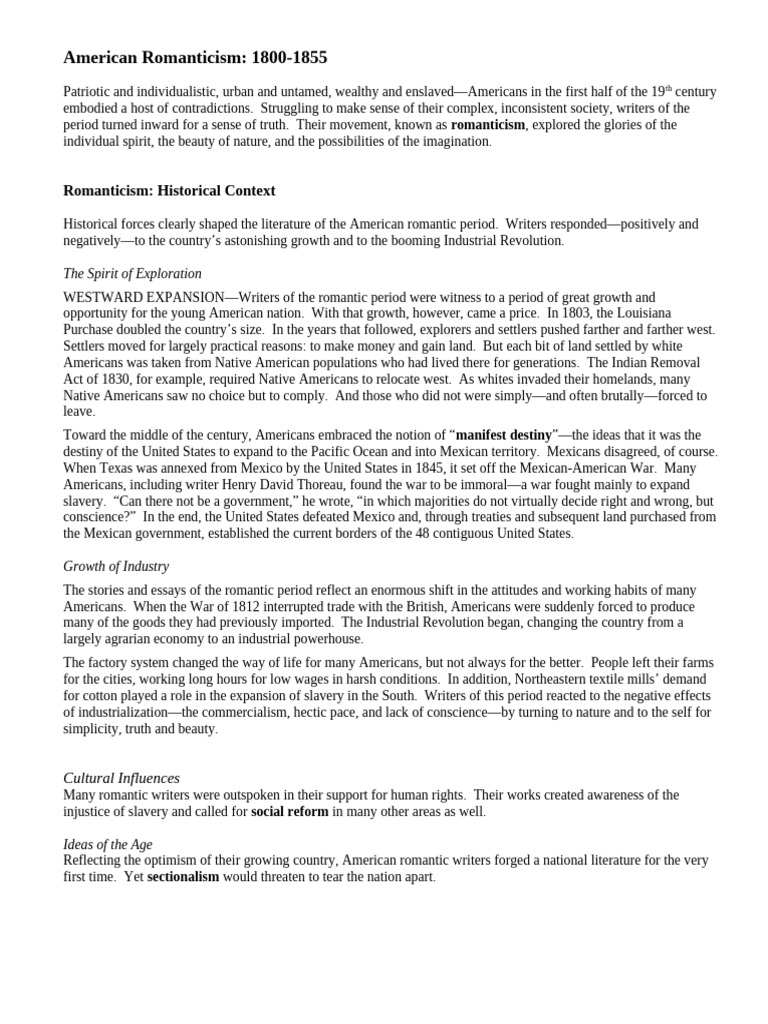 American Romanticism: 1800-1855 | PDF | Transcendentalism | Ralph Waldo ...