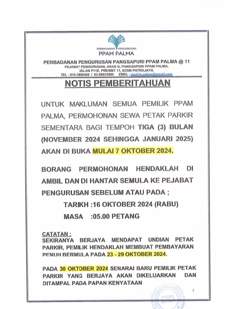 Notis Pembukaan Syarat Permohonan Sewaan Petak Parkir Sementara ...