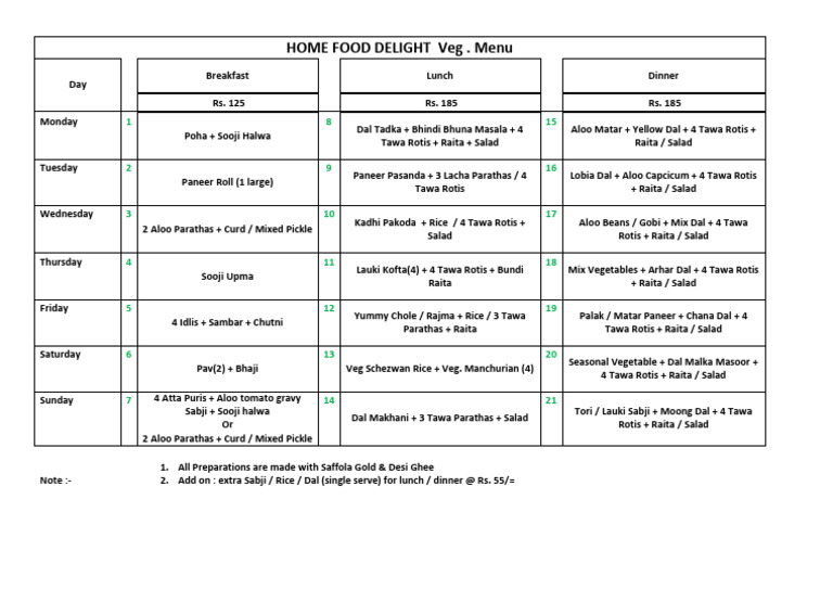 Mar-24-Home Food Delight Veg Menu BF+L+D | PDF | Foods | Cuisine