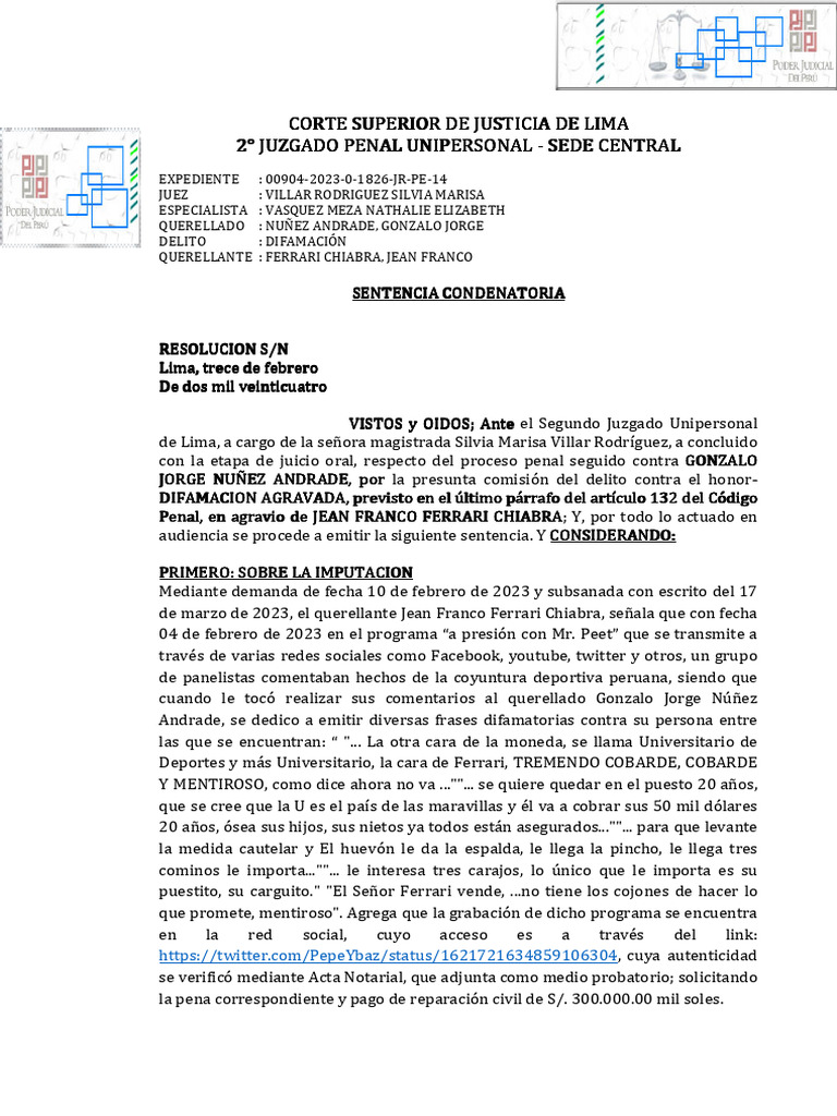 Sentencia por Difamación en Lima | PDF | Castigos | Derecho penal